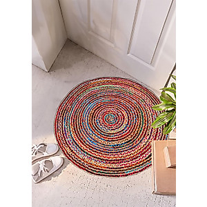 RIANGI - 4' Round Handwoven Jute Chindi Area Rug - Colorful Boho Rugs for Living Room - Hand Braided Multicolor Bohemian Rug for Farmhouse, Bedroom, Dining Room, Classroom, Hallway, Kitchen, Office