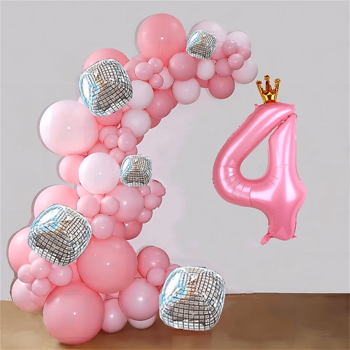 40 Inch Crown Pink Number 4 Balloon, Big Conjoined Baby Pink Foil Mylar Helium 4 Balloon | Girls 4th Birthday Party Balloon Pink Princess Theme Birthday Party Decorations Supplies Favors