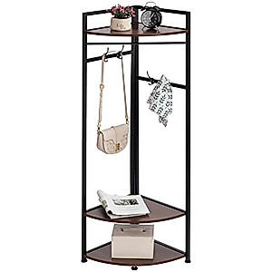 MATICO Metal Corner Clothing Garment Rack with Wooden Storage Shelves, 3 Tier Clothes Drying Hanger Rack Stand for Hanging Clothes, Freestanding Corner Thin Shelving Organizer Towel Rack, Black