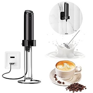 Milk Frother Handheld, BGFOX Drink Mixer Electric Handheld with Stainless Steel Stand, Rechargeable Frother for Coffee for Cappuccino, Latte, Protein Powder, Hot Chocolate, Matcha, Black