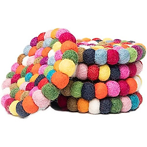 Round Felt Ball Coasters - Hand Felted in Nepal - Multi-Color Set of 5-100% Merino Wool - Water-Wicking, Stain-Resistant, Absorbent