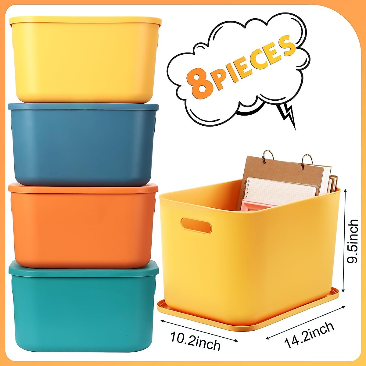 Hoolerry 8 Pieces Colorful Storage Bins with Lid and Handle, Plastic Stackable Baskets Desktop Cube Box Cubby Bins Containers for Shelf Cabinet Bedroom Office (Multi-colored,14.2 x 10.2 x 9.5 Inch)