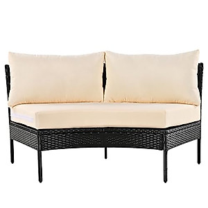 EOVTK 3-Piece Outdoor Furniture Patio Half-Moon Rattan Conversation Set, All Weather Curved Sectional Sofa with Thick Soft Cushions, Beige