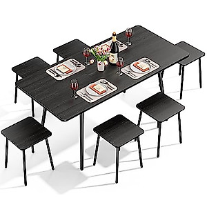 Qsun 7-Piece 63" Large Dining Table Set for 4-6 People, Extendable Kitchen Table Set with 6 Chairs, Dining Room Table with Round Corner for Small Space, Children Protective Design, Black