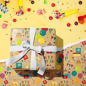 RUSPEPA Kraft Wrapping Paper Roll - Mini Roll - Colorful Happy Birthday Pattern Great for Birthday, Party, Baby Shower - 17 Inches X 32.8 Feet