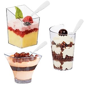 60 pack dessert cups of 3 oz, 2.5 oz and 2 oz. 3 varieties in size and shape also 20 of each shape perfect for appetizer, dessert and serving parties, plus FREE 60 spoons