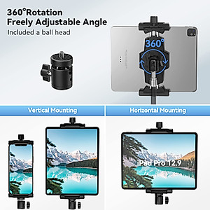 iPad and Phone Tripod Mount Adapter with Ball Head, iPad Holder for Tripod, 360 Rotatable Tablet Clamp Mount fits iPad Pro 12.9, iPad Air Mini 3 4, Galaxy Tab, Surface Pro, Selfie Stick(5.3-10.6")