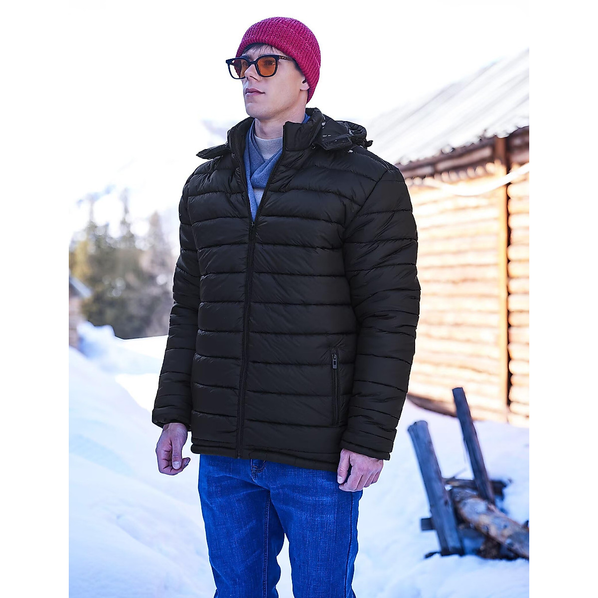 BEST SOUTH Men's Winter Puffer Jacket Hooded Puffy Fleece Warm Lightweight Coat Outerwear Cold Weather Black Ink XX-Large