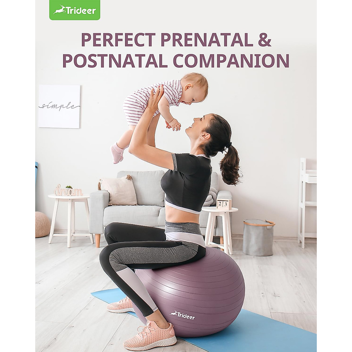 Trideer Yoga Ball - Exercise Ball for Workout pilates Stability - Anti-Burst and Slip Resistant for physical therapy, Birthing, Stretching & Core Workout, Office Ball Chair, Flexible Seating, Home Gym