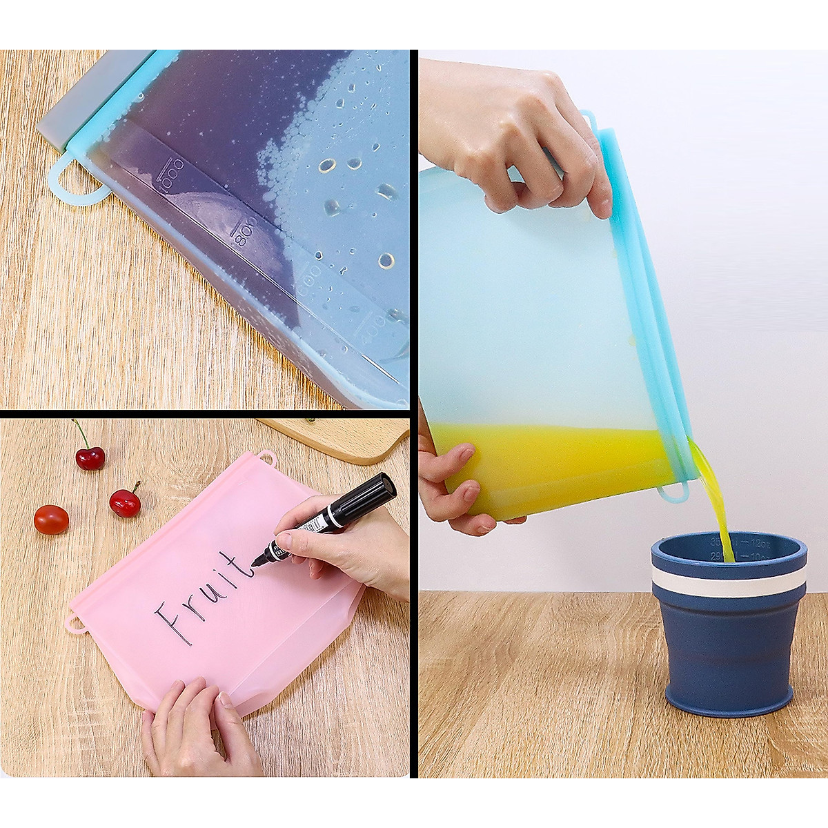 Reusable Slide-lock Bags Silicone Dishwasher Safe, 4 Pack BPA FREE Platinum Silicone Reusable Freezer Bags, Reusable Sandwich Kids Snack Bags, Leak Proof Reusable Food Storage Bags for Lunch or Snacks