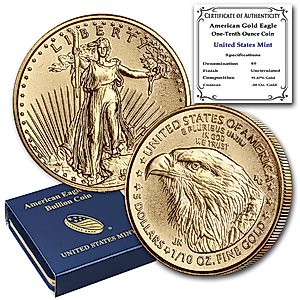 2022 1/10 oz American Gold Eagle Coin Brilliant Uncirculated with Original United States Mint Box and Certificate of Authenticity $5 BU
