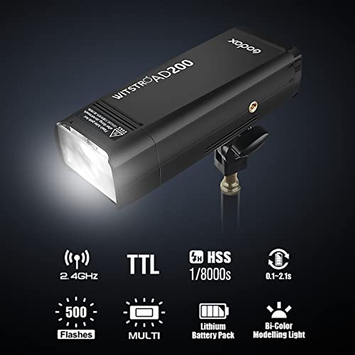 Godox AD200 200Ws 2.4G TTL 1/8000 HSS Strobe Flash Strobe Speedlite Monolight with 2900mAh Lithium Battery to Cover 500 Full Power Shots and Recycle in 0.01-2.1 Sec