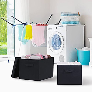 Consmos Large Foldable Fabric Storage Bin with Lids& Dual Handles, Sturdy Cubby Storage Basket for Clothes& Toys, Cube Storage Organizer Bins for Shelves, Closet, Bedroom, Home& Office, Black 3-Pack