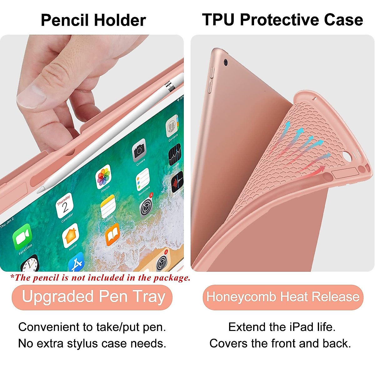 BLUTLOTUS Keyboard case for iPad 9.7 Inch Air 2, iPad 5th/ 6th Generation (2017/2018) with Keyboard Detachable, 7 Color Wireless Backlit Keyboard, Smart Folio Cover with Pencil Holder(Pink)