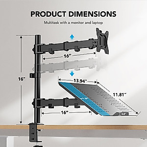 HUANUO Laptop Monitor Mount with Tray for 13- 27 inch, Fully Adjustable Laptop Notebook Desk Mount Stand up to 17 inch, Weight up to 22lbs, Extension with Clamp and Grommet Mounting Base