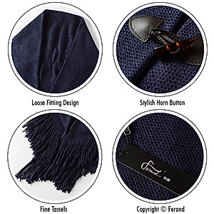 Ferand Women’s Loose Fitting Poncho Cape Shawl with Stylish Horn Buttons, V Neckline and V Hem, Navy blue