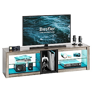 Bestier TV Stand for 70 inch TV, Gaming Entertainment Center for PS5, LED TV Cabinet with Glass Shelves for Living Room, 63'' Inch, Grey Wash