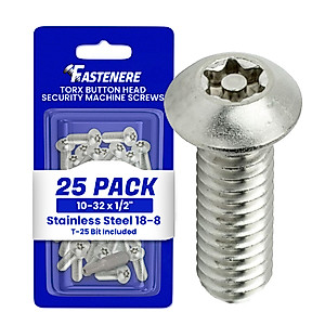 Fastenere Torx Security Machine Screws - 10-32 x 1/2" (25-Pack) Stainless Steel, Tamper-Resistant, Button Head Screws, Bolt Screw for Higher Level of Safety & Theft Prevention