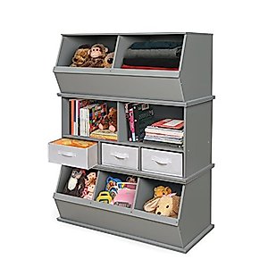 Stackable 5 Shelf Storage Organizing Cubby with 3 Fabric Baskets