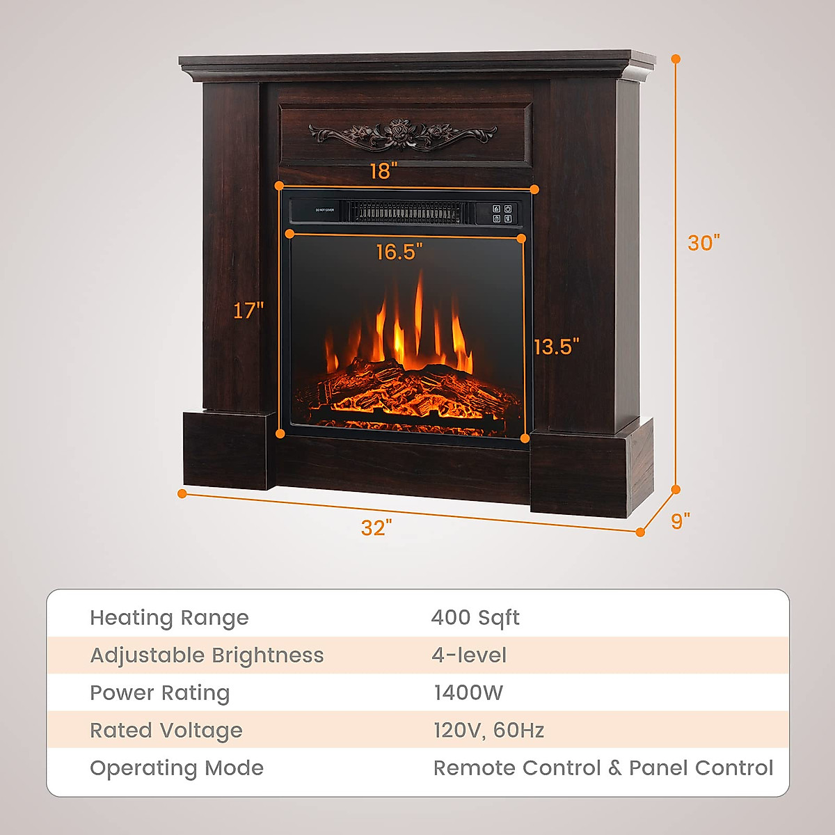 COSTWAY 32-inch Electric Fireplace with Mantel, 1400W Fireplace Heater with Remote Control, 3-Level Realistic Flame, 6H Timer, Overheat Protection, Wooden Surround Fireplace for Living Room, Brown