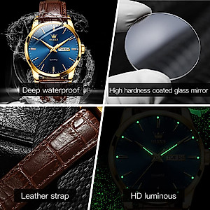 OLEVS Blue Men Leather Watch,Mens Watch Brown Leather,Mens Watch with Date and Day,Mens Watches Classic,Leather Band Watches for Men,Casual Men Watch Waterproof, Watch Men,Dress Mens Watch