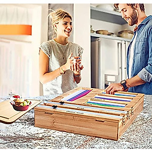 IDMOWN Ziplock Bag Organizer, Foil And Plastic Wrap Organizer, 6 In 1 Kitchen Drawer Organizer Compatible With Gallon Quart Sandwich Snacks, Wrap Dispenser With Cutter, Cutting Board and Washing Brush