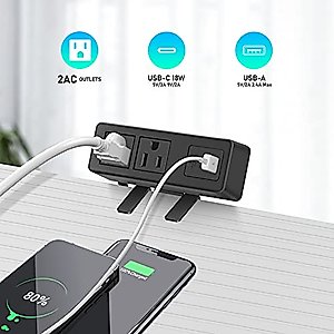 Desk Edge Power Strip with 1 USB 1 USB-C 20W PD Faset Charging Port Removable Clamp Power Outlet Socket 6.5 ft Extension Cord Connect 2 Plugs for Home Office Reading