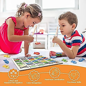 Diaodey Wooden Magnetic Fishing Game for Toddlers, Montessori Fine Motor Skills Toy with Letters and Numbers, Preschool Learning ABC and Puzzle Birthday Toys Gift for 3 4 5+ Year Old Kids(2 Poles)
