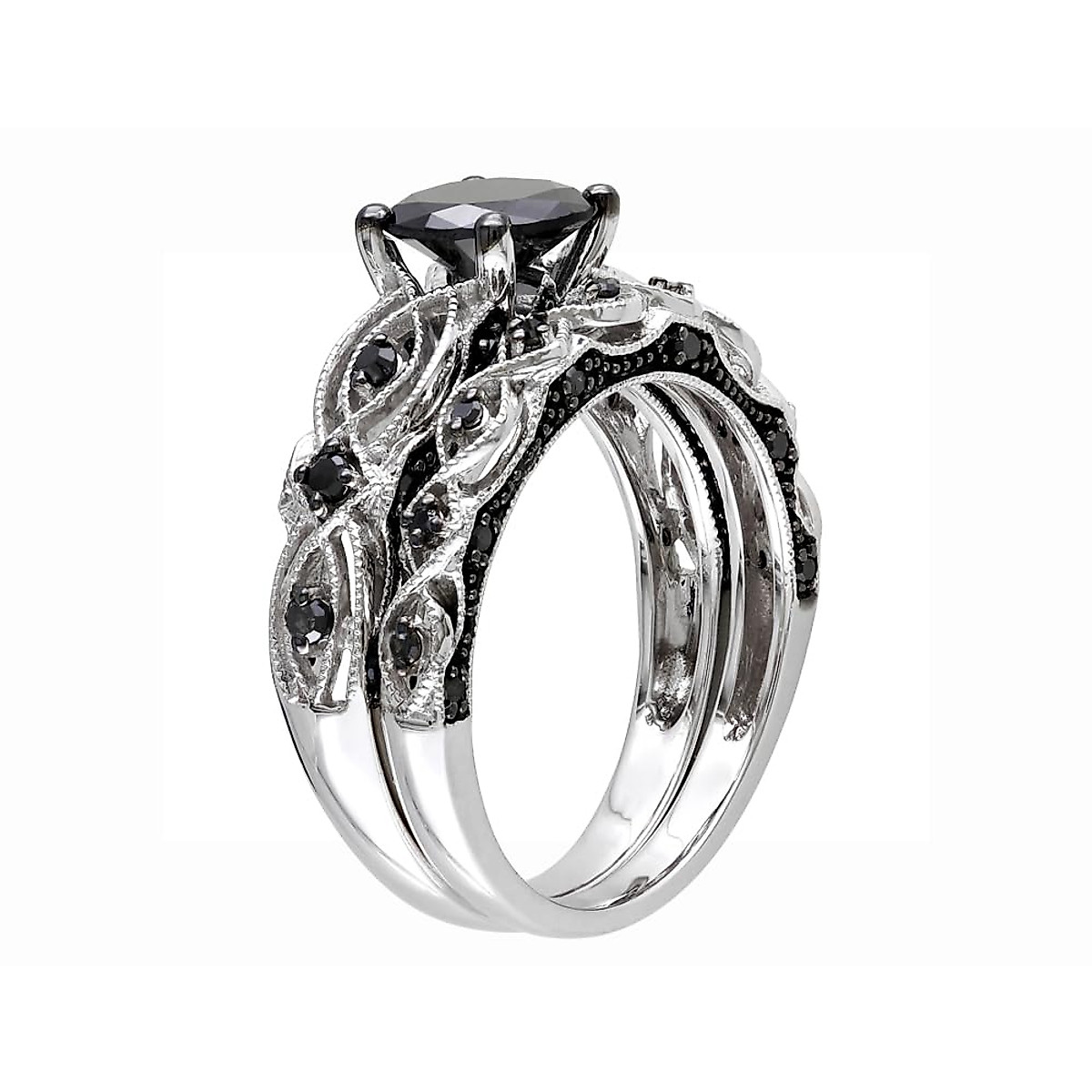 1.39 Carat (ctw) Black Diamond Engagement Ring and Wedding Band Set in 10K White Gold