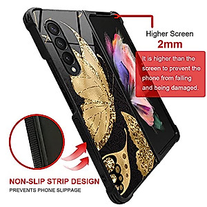 DJSOK Case Compatible with Samsung Galaxy Z Fold 3 5G Case,Beautiful Golden Butterfly Luxury Pattern Design Pattern Back+Soft Silicone Protective Case