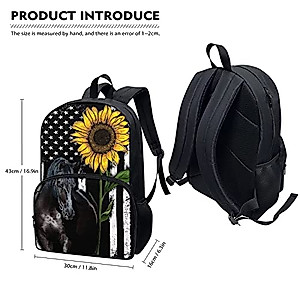 doginthehole Black Horse Backpack School Bag for Students Girls Boys American Flag Sunflower Laptop Bookbag Shoulder Bag Travel Hiking Camping Daypack for Women 17 Inch