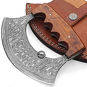 One Handed Rocker Damascus Ulu Knife With Sheath, Rocker Knife For One Handed Cutting, 5.5 Inches Rocker Damascus Ulu Knife, Heavy Duty Rocker Knife / Ulu Knife / Mezzaluna Knife (Rose Wood)