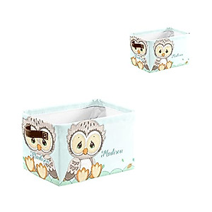 Woodland Owl Green Foldable Custom Personalized Name Storage Bins Basket Cubic Clothes Supplies Organizer,Durable Handle