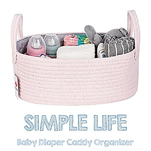 AUNHUIT Baby Diaper Caddy Organizer, Extra Large Cotton Rope Storage Bin for Nursery Essentials [8 Pockets+5 compartments], Portable Basket for Changing Table/Car-100% Natural Cotton (Pink)
