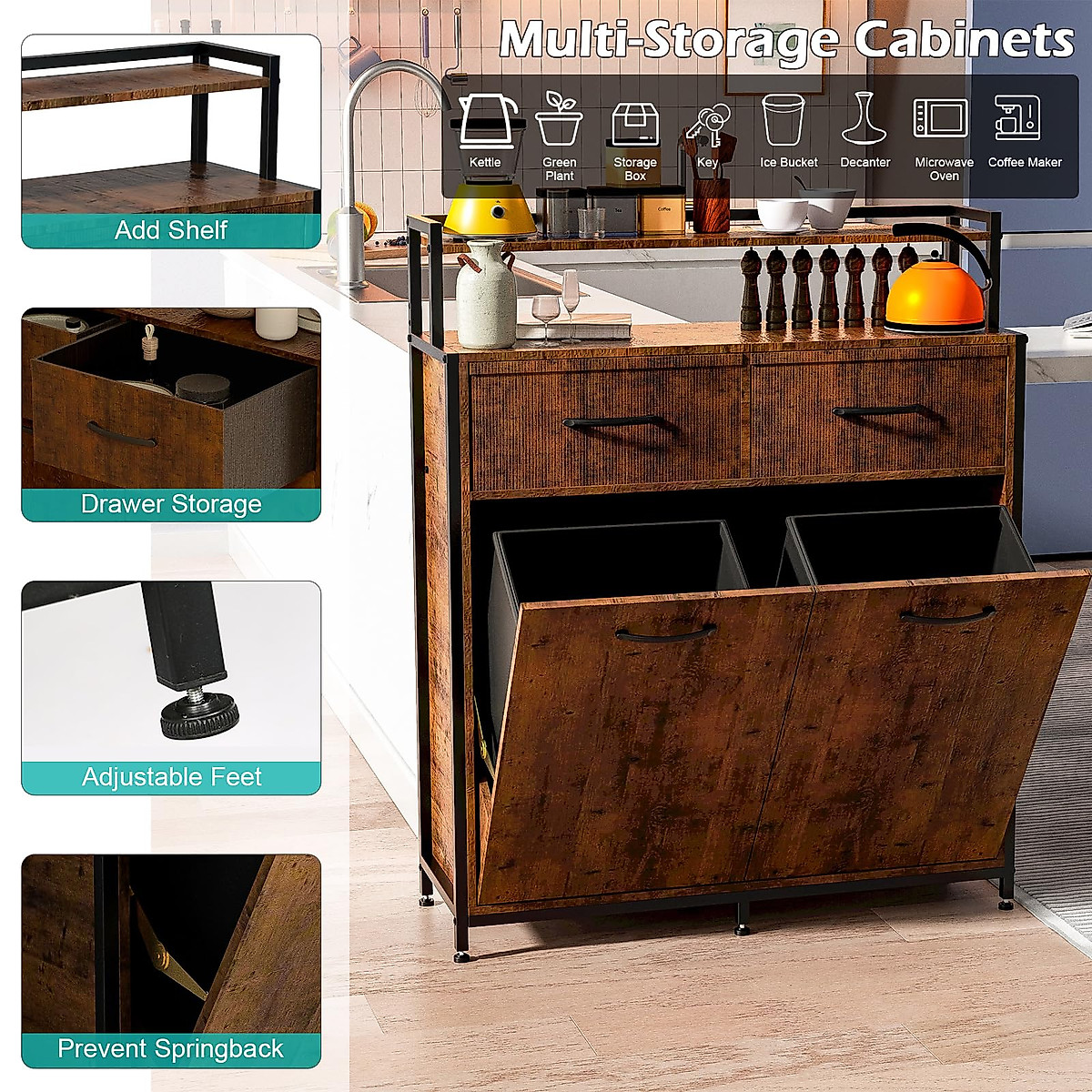 ZIAERKOR Double Tilt Out Trash Cabinet, Hidden Trash Bin Cabinet, Large Wooden Trash Can for Kitchen with Shelf, Dual Tilt Out Laundry Hamper Cabinet Free Standing Holder 10 Gallon