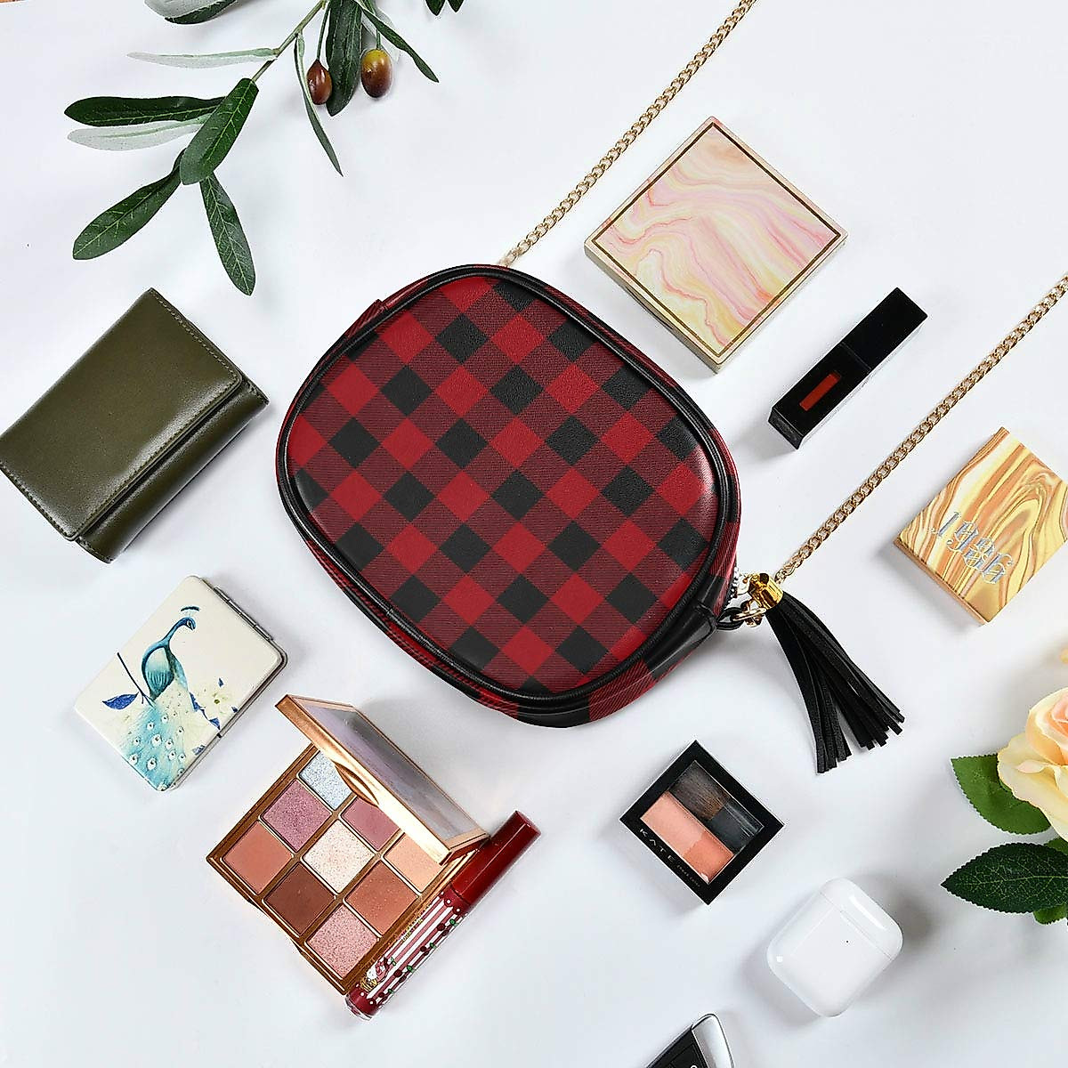 ALAZA PU Leather Small Crossbody Bag Purse Wallet Red Black Buffalo Lattice Plaid Cell Phone Bags with Adjustable Chain Strap & Multi Pocket