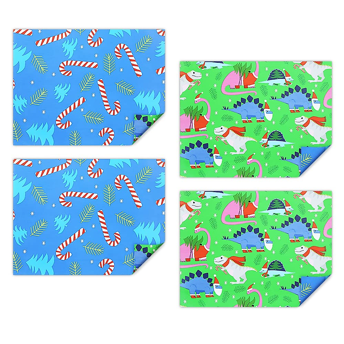 Dinosaur Wearing Santa Hats Christmas Double Side Reversible Wrapping Paper 4 Sheets Folded Flat 20x30 inches per sheet, Dinosaur T-rex Gift Wrap For Kids Girls Boys Men Women Unique Xmas Decorative Paper and Birthday Holiday