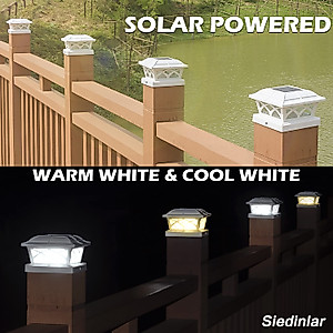 SIEDiNLAR Solar Post Cap Lights Outdoor Glass 2 Modes 8 LEDs for 4x4 5x5 6x6 Posts Fence Deck Patio Decoration Warm White/Cool White Lighting White (2 Pack)