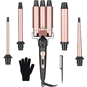 Beach Waver Curling Iron Wand Set 5 in 1 Hair Curlers Waver Crimper Tool for Women Man 3/8 inch - 1 1/4 inch Curling Wands with Attachments for Hair Curly Hairstyle