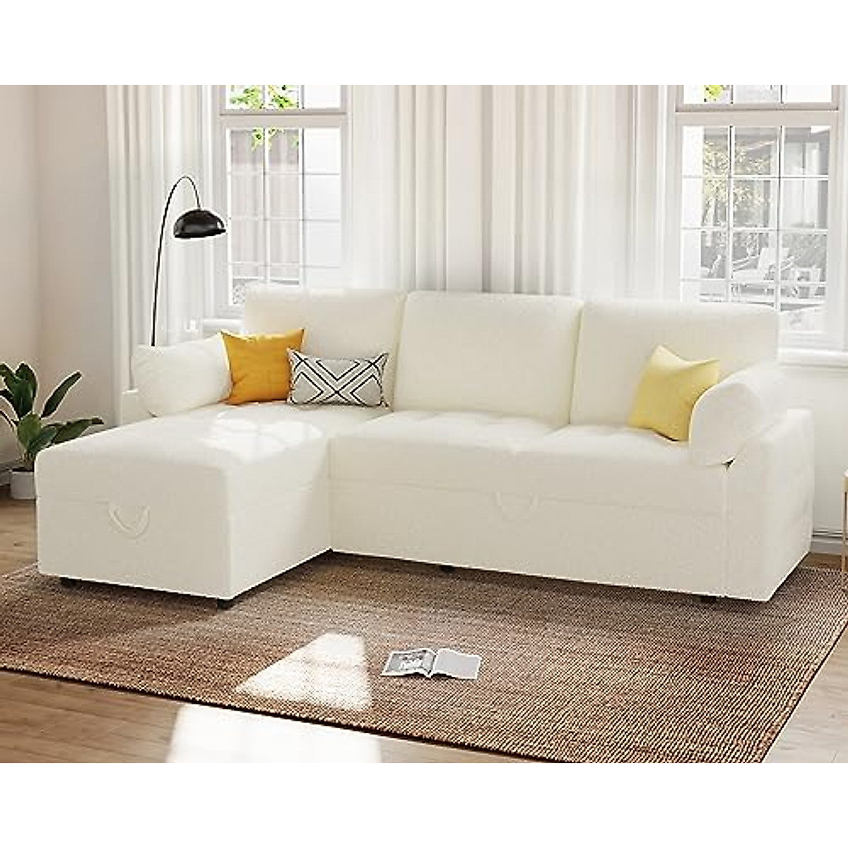VanAcc Pull Out Sofa Bed, Modern Tufted Convertible Sleeper Sofa, Boucle Sleeper Sectional Couch Bed with Storage Chaise, L Shaped Sofa Couch for Living Room (White)