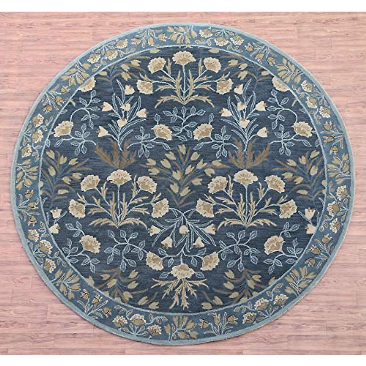 Old Hand Made Floral Blue Tulip Traditional Persian Oriental Woolen Area Rugs (8'x8' Round)