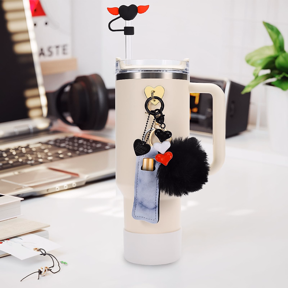 Stanley Cup Accessories Set, 1 Pcs Lipstick Holder, 1 Pcs Silicone Stanley Cup Boot, 2 Pcs Silicone Straw Cover, 2 Pcs Stanley Charms for Stanley Cup 40oz & 30oz Tumbler. (Lilac)