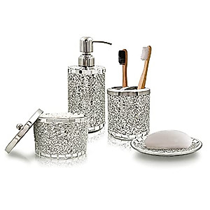 LushAccents Bathroom Accessories Set, 4-Piece Decorative Glass Bathroom Accessories Set, Soap Dispenser, Soap Tray, Jar, Toothbrush Holder, Elegant Silver Mosaic Glass