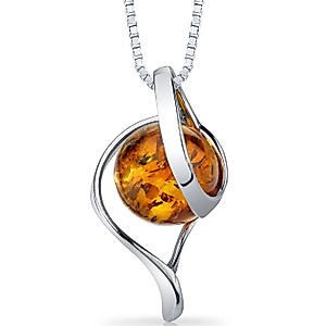 PEORA Genuine Baltic Amber Open Spiral Pendant Necklace for Women 925 Sterling Silver, Round Shape, Rich Cognac Color, with 18 inch Chain