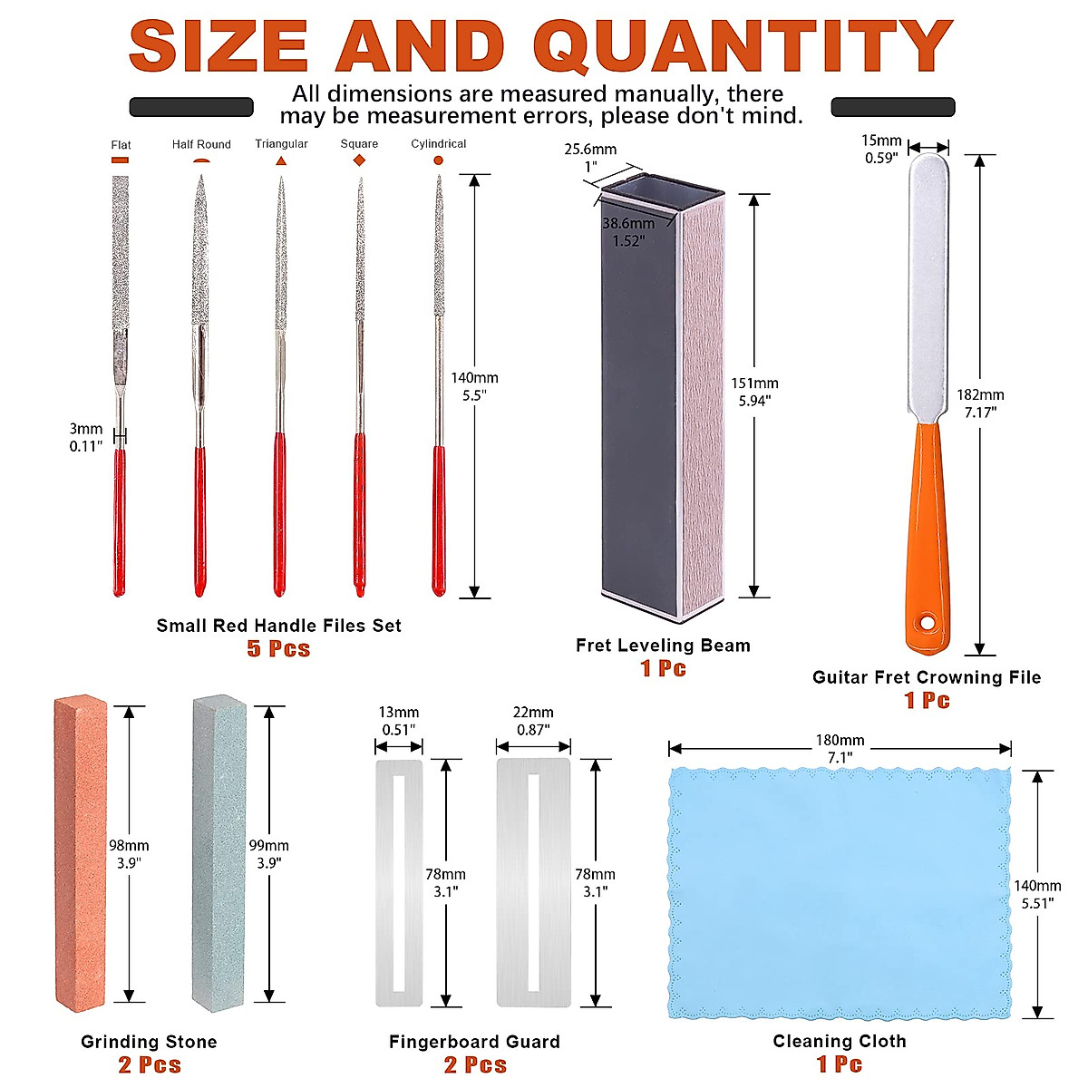 Tanstic 12Pcs Premium Guitar Luthier Tool Set Includes Fret Leveling Beam, 5Pcs Grinding File, Guitar Fret Crowning Luthier File, Fingerboard Guards and Cleaning Cloth for Guitar Bass Setup