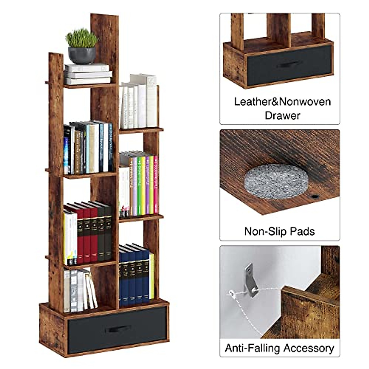 Rolanstar Bookshelf with Drawer, Rustic Wood Bookshelves, Free Standing Book Shelf Industrial Shelf Free Standing Storage Shelf for Bedroom, Living Room, Home Office, Rustic Brown