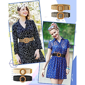 WILLBOND 4 Pcs Straw Woven Belt Elastic Stretch Rattan Buckle Waist Belt Women Skinny Raffia Dress Waist Band(Retro Color,Large)