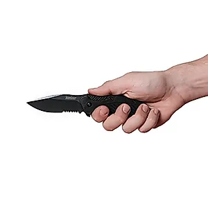 Kershaw Clash Black Serrated Pocketknife, 3" 8Cr13MoV Steel Drop Point Blade, Assisted One-Handed Flipper Opening, Folding Utility EDC