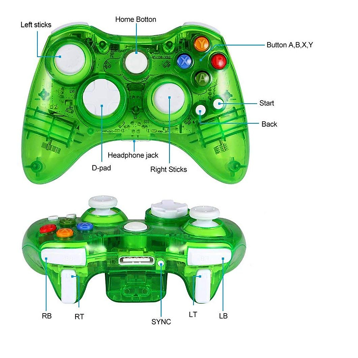 Wireless Game Controller Compatible with Xbox 360 Console Slim and PC Windows 7/8/10 blue (Green)