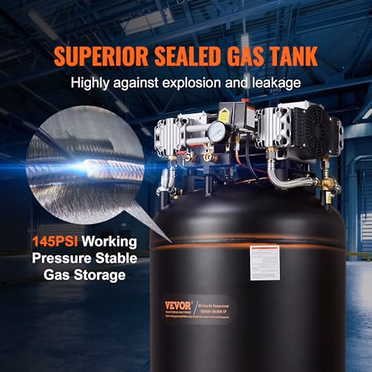 VEVOR 80 Gallon Air Compressor, 6.5HP 15.5SCFM@90 PSI, 2-Stage 145PSI Oil Free Stationary Compressor Tank, 86dB Quiet Compressor for Industrial Manufacturing, Workshops (220V/60Hz Single-Phase Power)